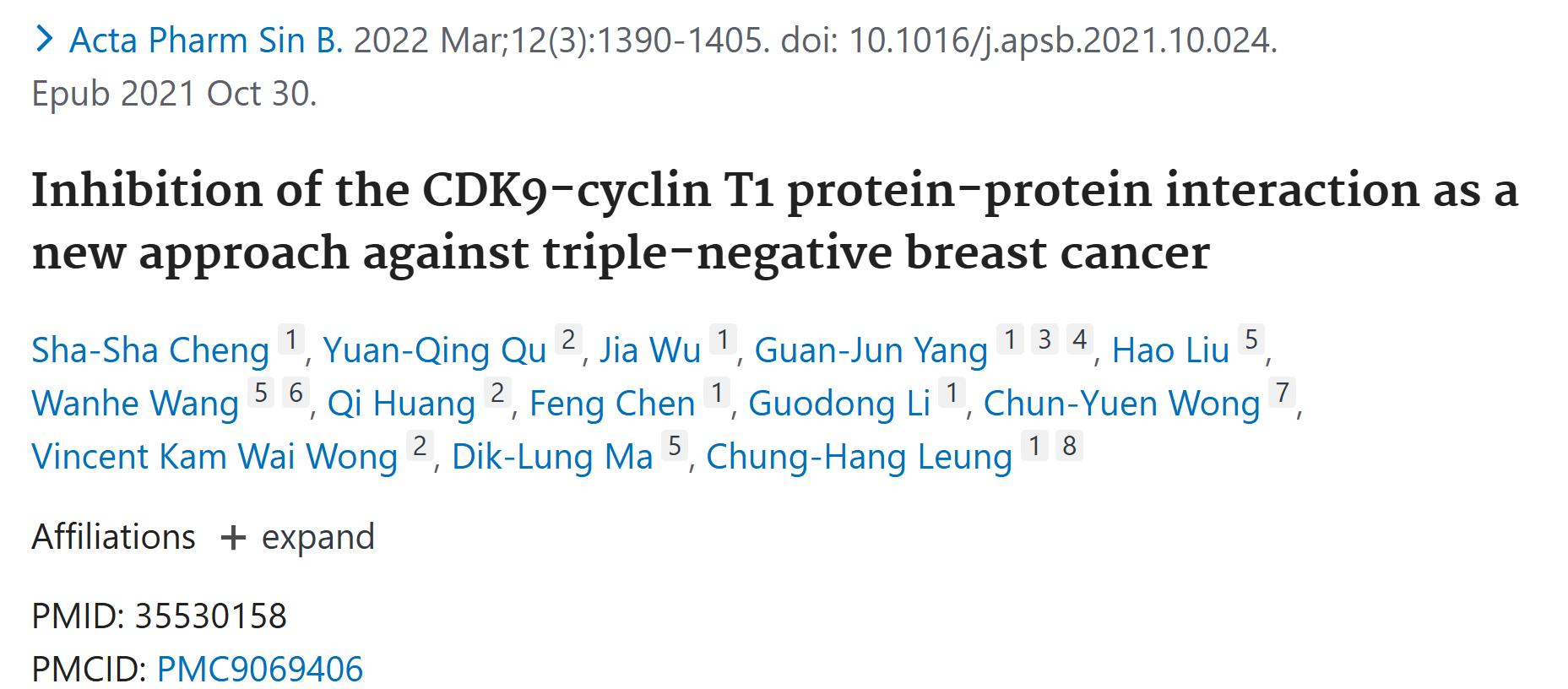 文献解析|针对三阴乳腺癌的新型CDK9-cyclin T1蛋白-蛋白相互作用抑制剂