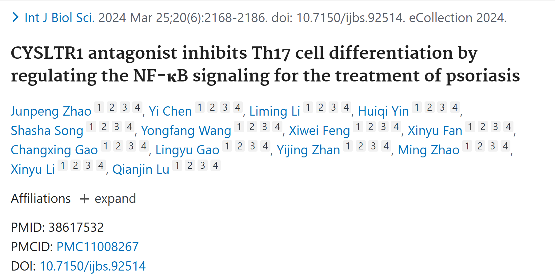 文献解析|CYSLTR1拮抗剂通过调控NF-κB信号通路抑制Th17细胞分化治疗银屑病深度解析