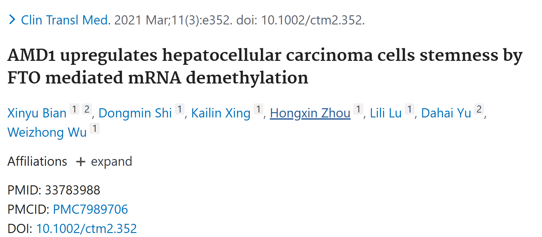 文献解析|AMD1通过FTO介导的mRNA去甲基化上调肝细胞癌细胞干性